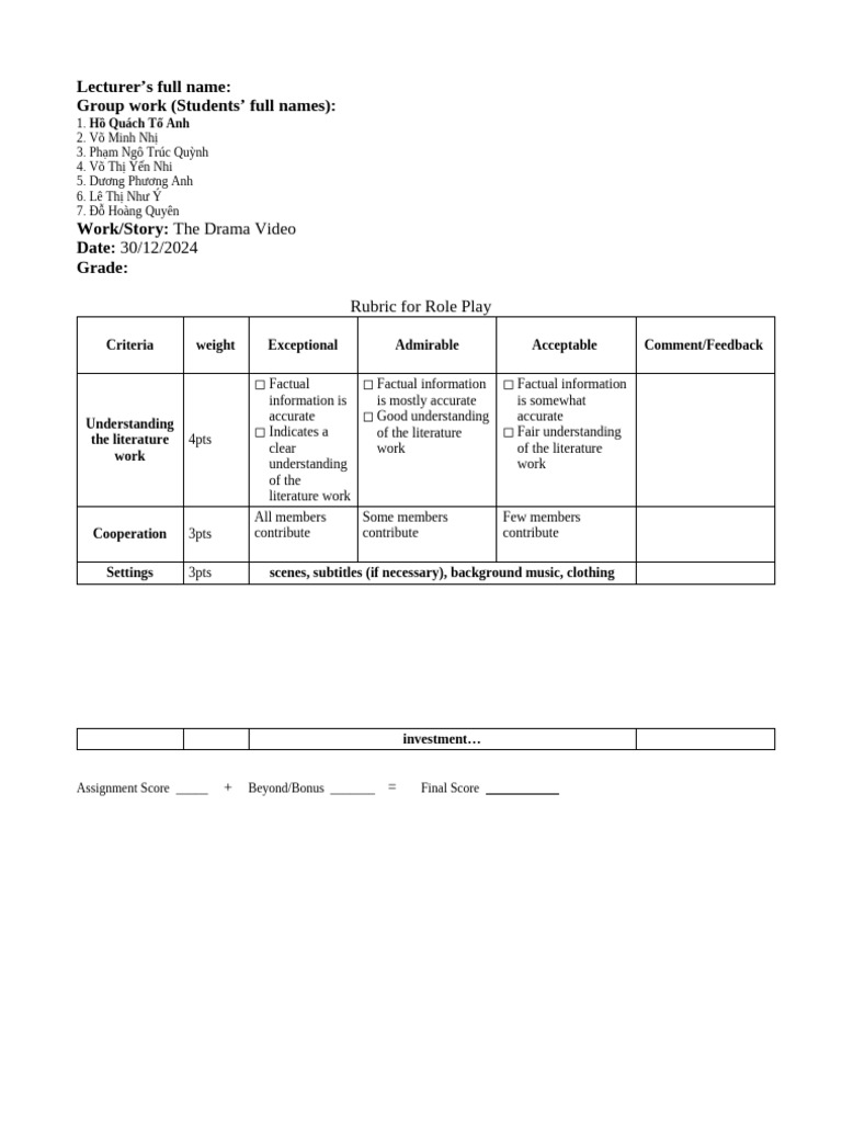 Marking Criteria For Groups' Skit (Video) - Role Play | PDF