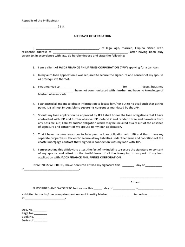 Affidavit of Spousal Separation for Loan | PDF | Affidavit | Common Law