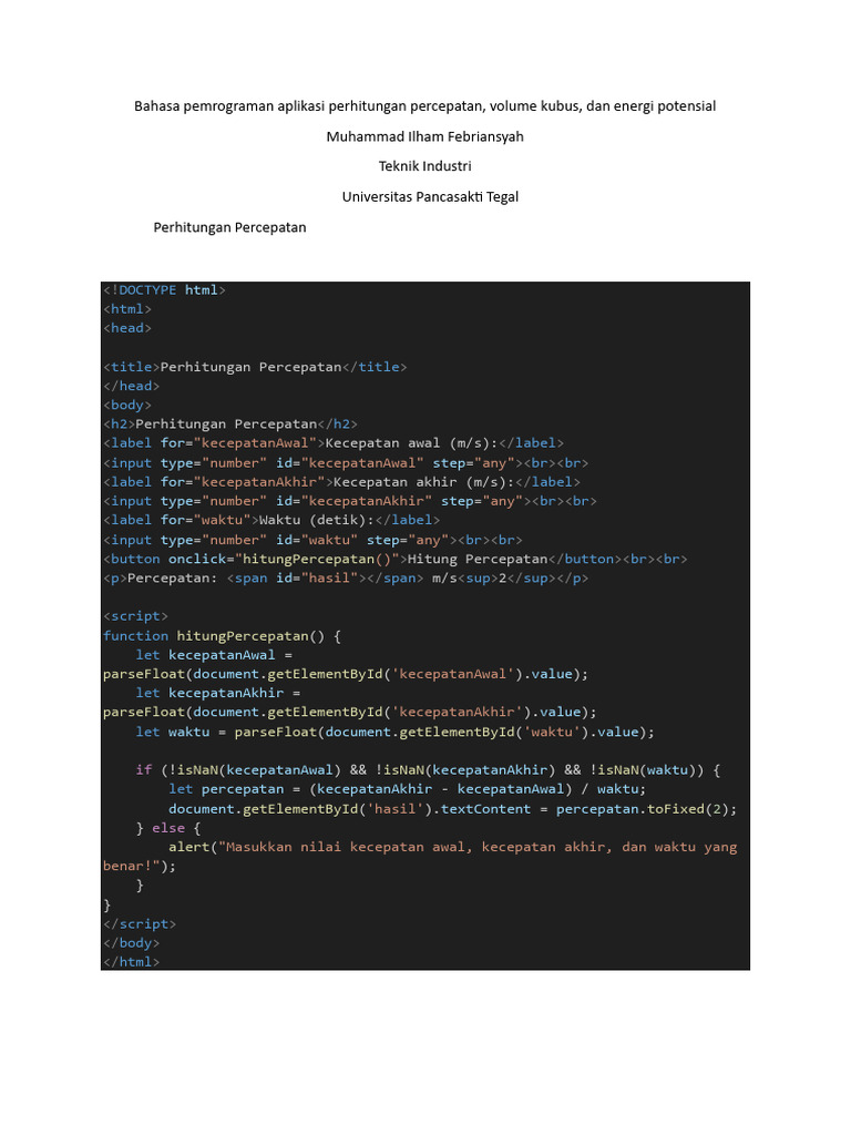 Bahasa pemrograman aplikasi perhitungan percepatan | PDF