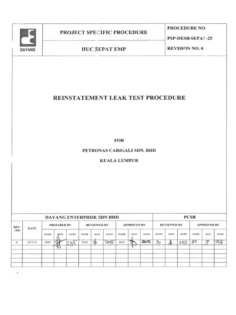 PSP Desb Sepat 25 Reinstatement Leak Test Procedure Rev 0 Approved | PDF