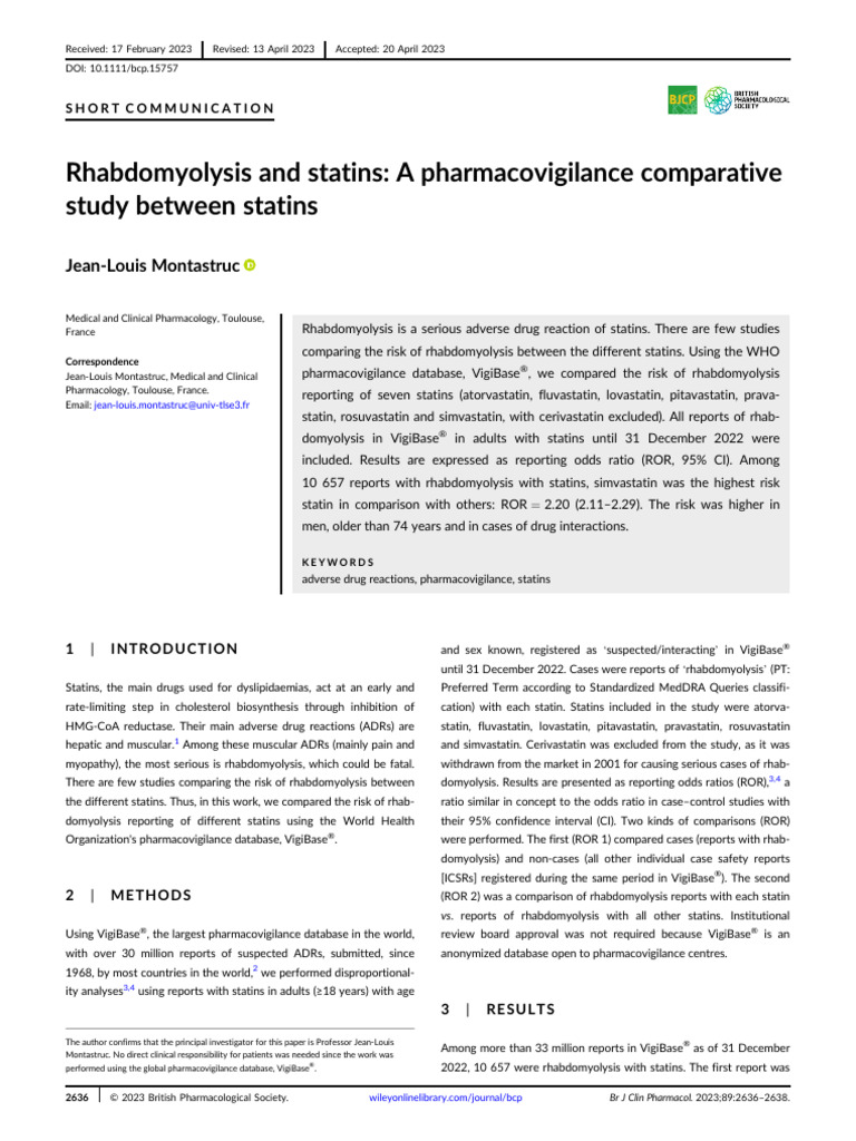 Brit J Clinical Pharma - 2023 - Montastruc - Rhabdomyolysis and Statins ...
