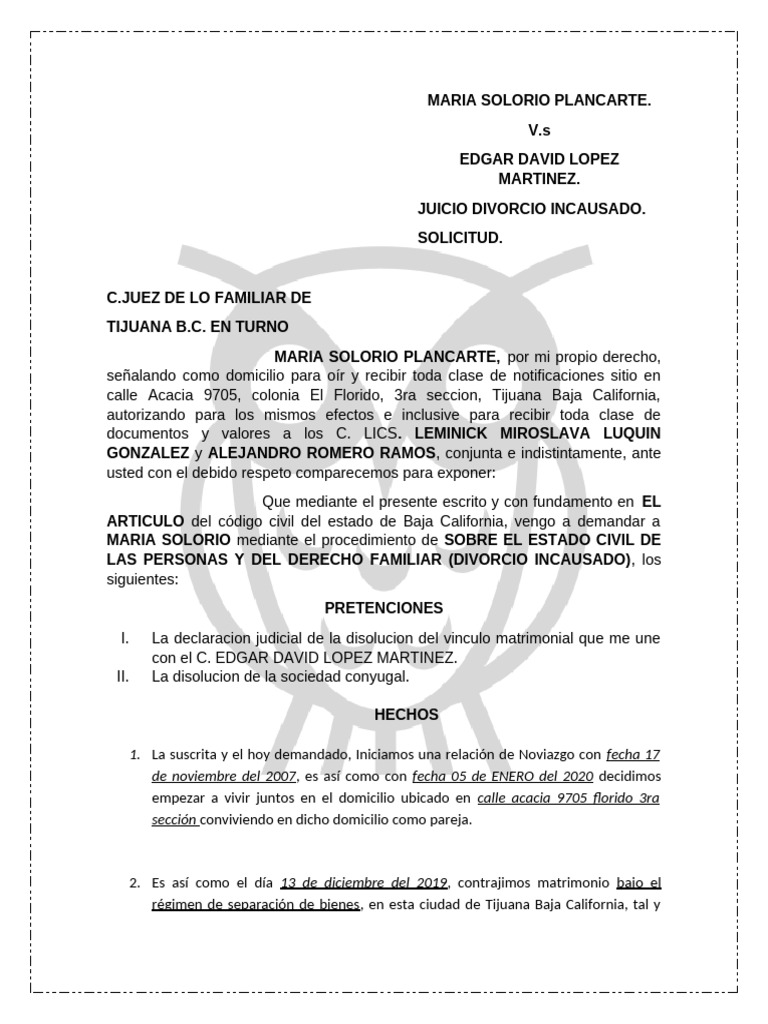Demanda de Divorcio Incausado en Tijuana | PDF | Divorcio | Caso de ley