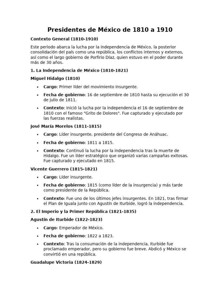 Presidentes De México 1810 1910 Pdf México Gobierno