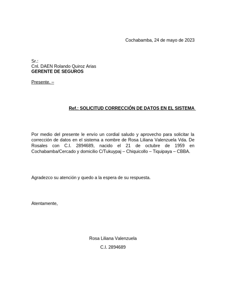 Carta de Solicitud de Correccion de Datos | PDF