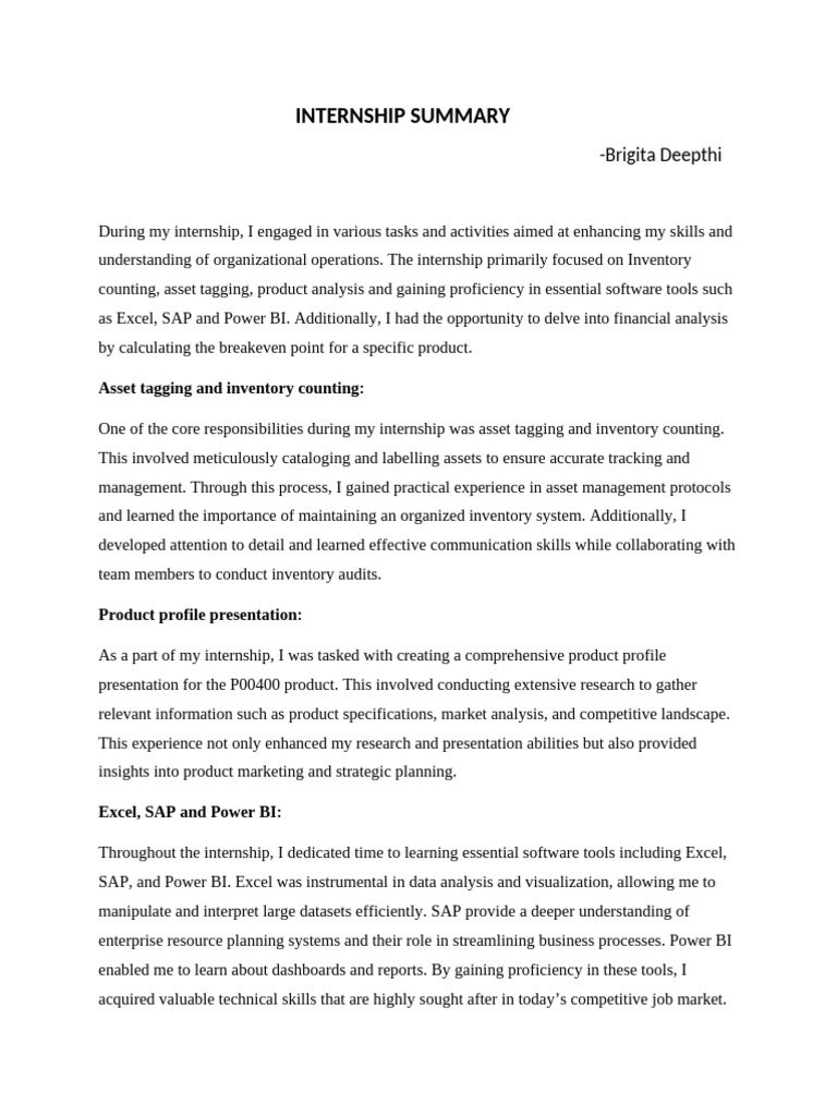 Brigita - Internship Summary | PDF | Business