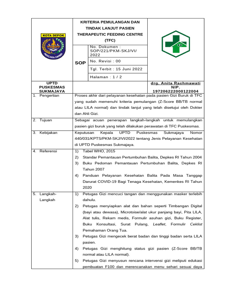 [SOP] KRITERIA PEMULANGAN DAN TINDAK LANJUT PASIEN THERAPEUTIC FEEDING CENTRE (TFC) | PDF