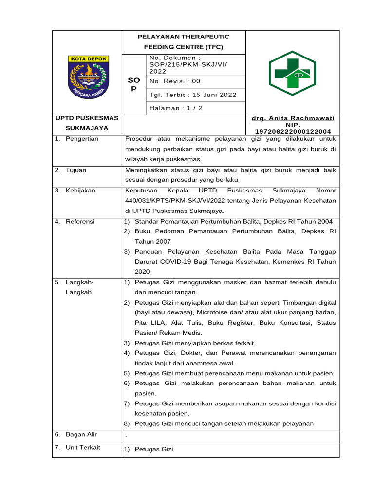 SOP Pelayanan Gizi TFC | PDF