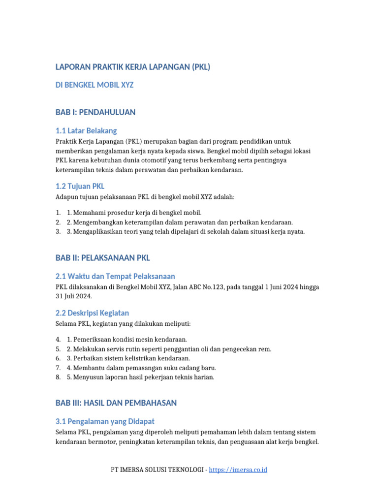 Contoh Laporan PKL Bengkel Mobil | PDF