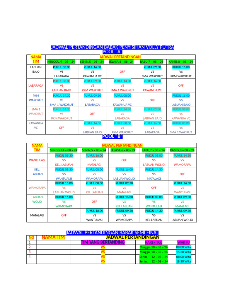 JADWAL VOLI PUTRA - PUTRI | PDF