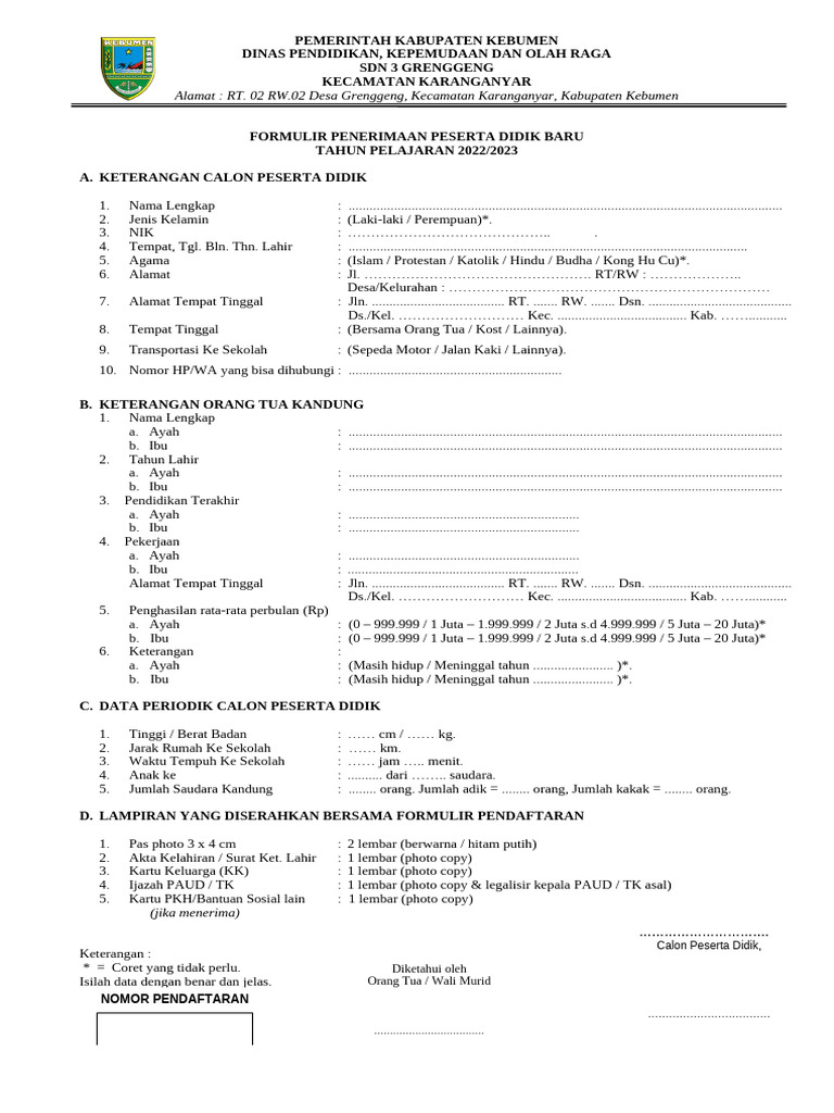 Contoh Formulir PSB SD Tahun 2016. Dadang JSN | PDF