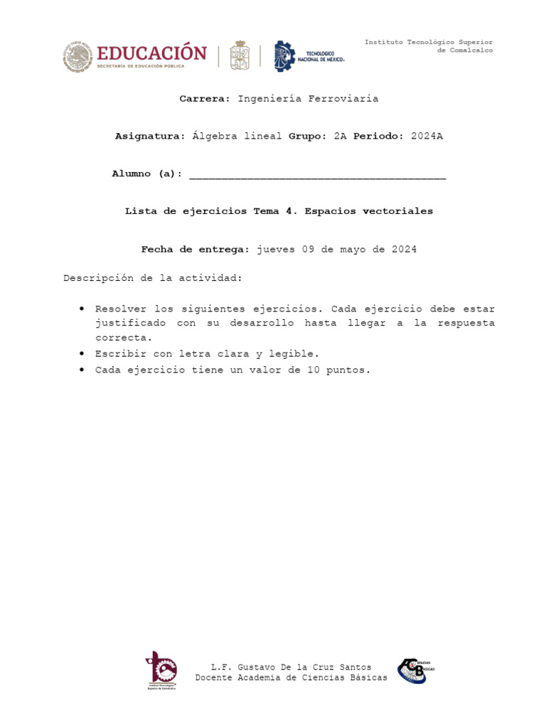 Lista De Ejercicios Tema 4 Espacios Vectoriales Pdf Espacio