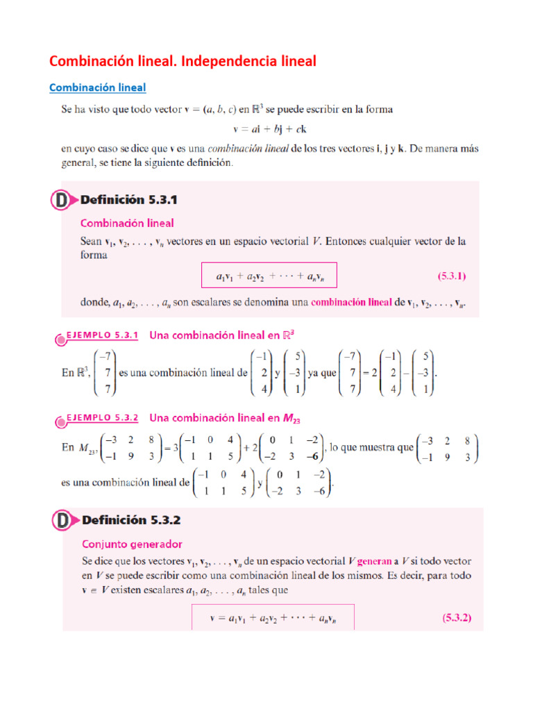 Combinación e Independencia Lineal | PDF