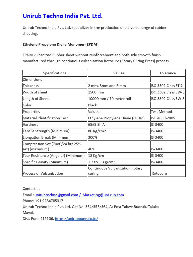 Unirub EPDM Rubber Sheet Specifications | PDF | Polymers | Plastic