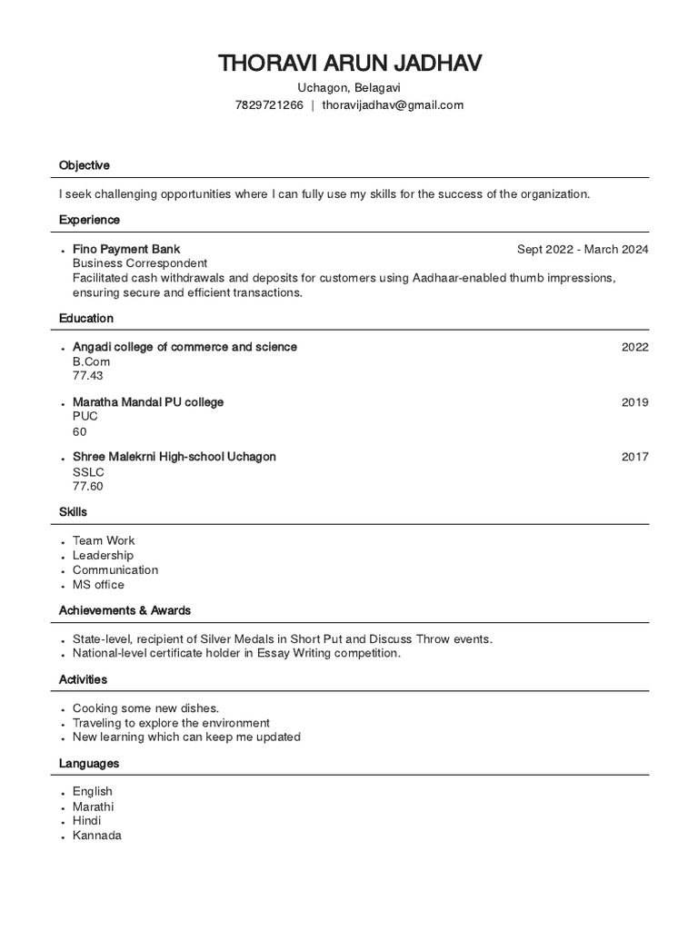 Resume of Thoravi Arun Jadhav | PDF