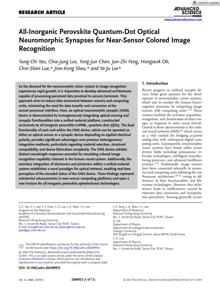 Advanced Science - 2024 - Yao - All Inorganic Perovskite Quantum Dot Optical Neuromorphic ...