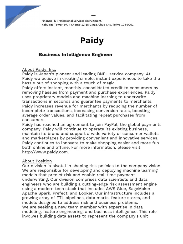 Data Engineer Role at Paidy, Japan | PDF | Analytics | Machine Learning