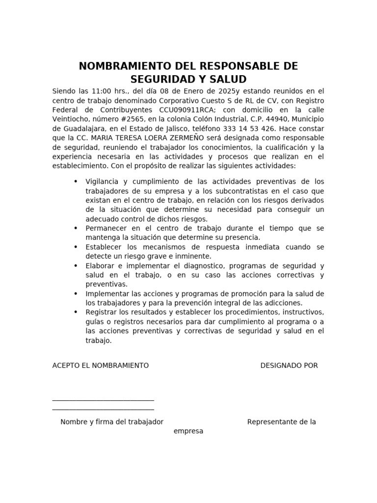 Nombramiento Del Responsable de Seguridad y Salud | PDF