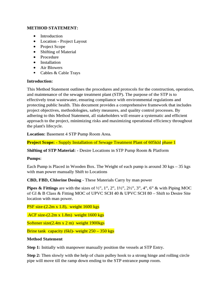Method - Statement STP Works | PDF | Pump | Pipe (Fluid Conveyance)