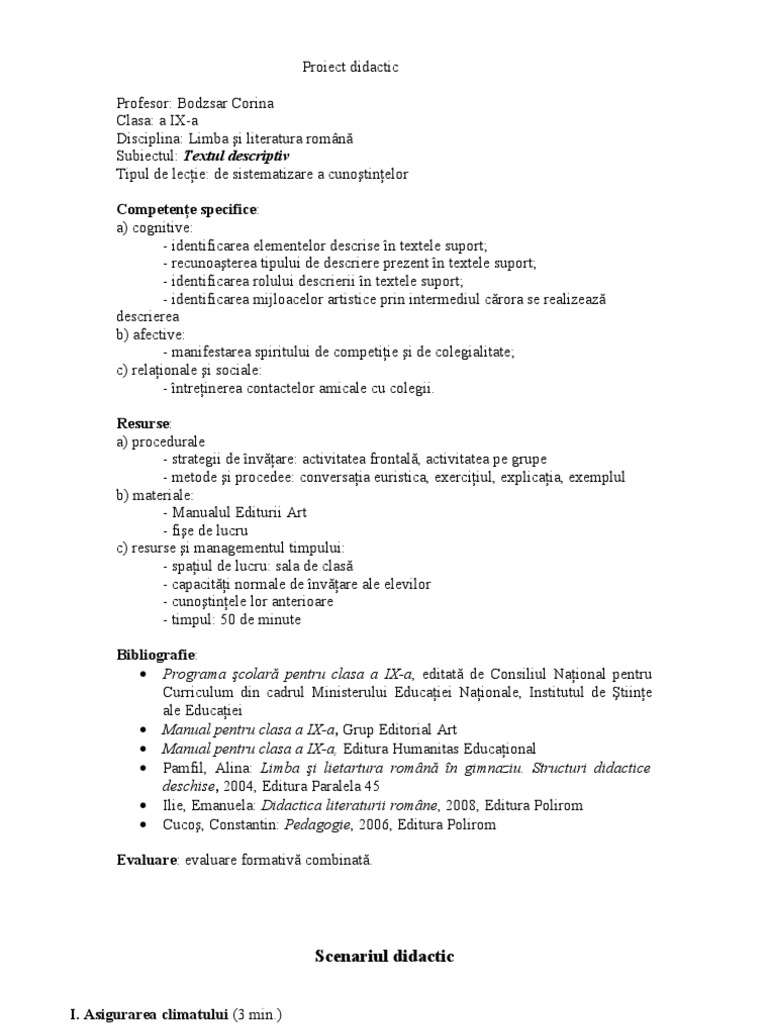 Plan de Lectie Textul Descriptiv | PDF