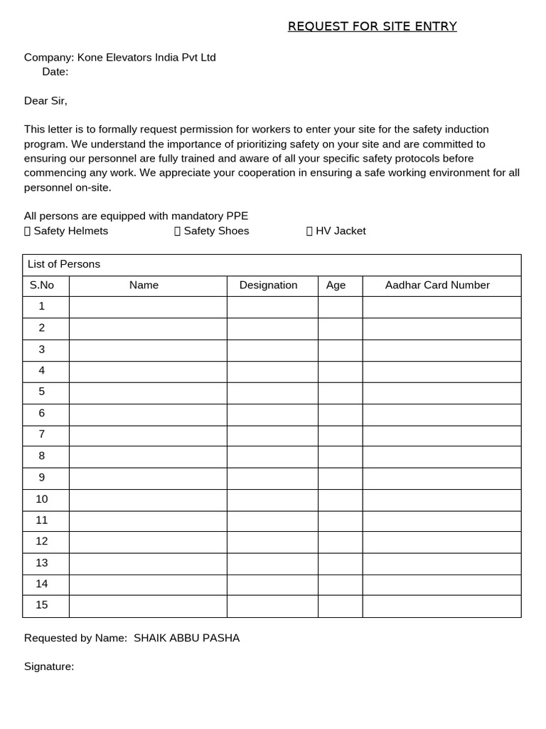Request For Site Entry One Day-1 | PDF