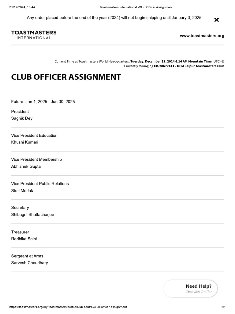 Toastmasters International - Club Officer Assignment | PDF