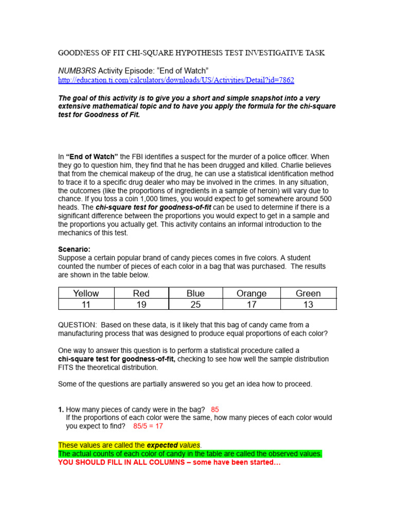 NUMB3RS Goodness of Fit Student Worksheet | PDF | P Value | Chi Squared ...