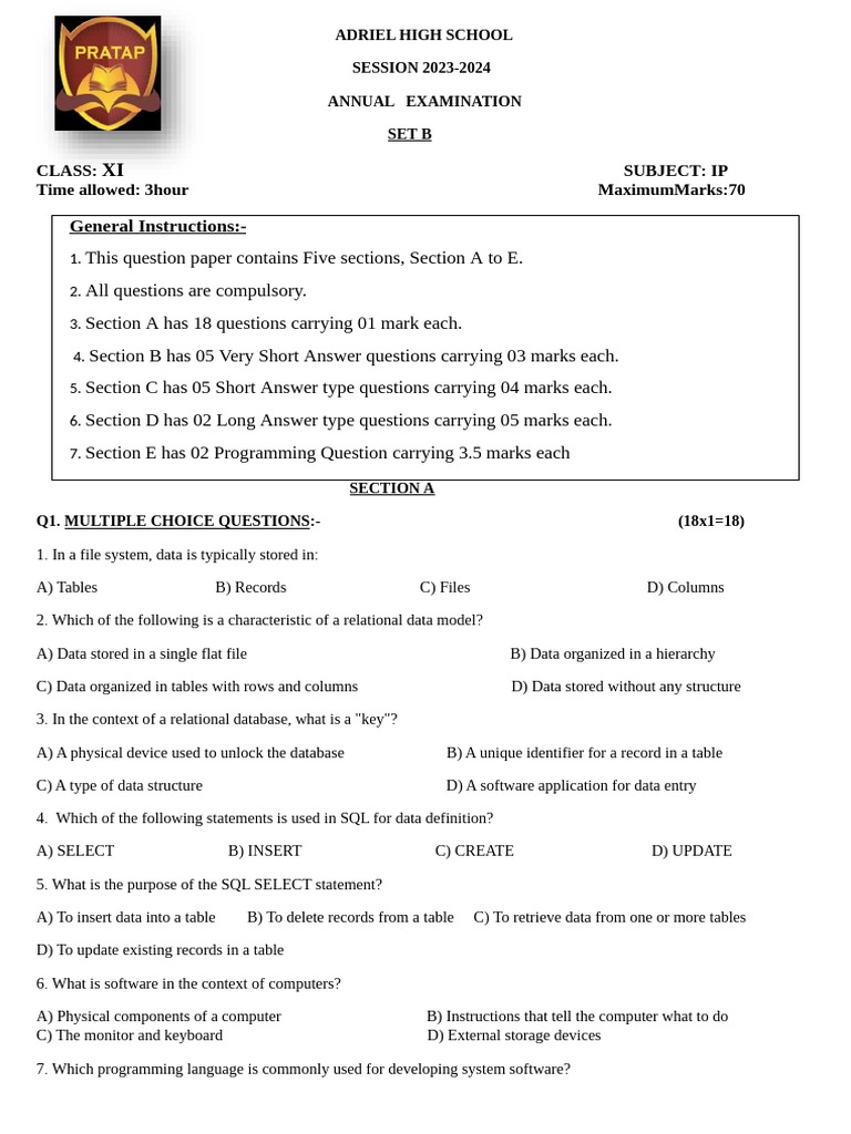 Class XI IP Annual Exam Paper 2023-24 | PDF | Table (Database) | Databases