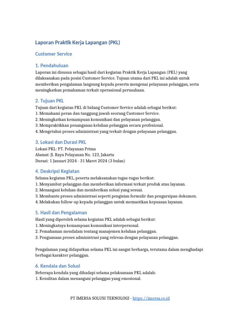 Contoh Laporan PKL Customer Service | PDF