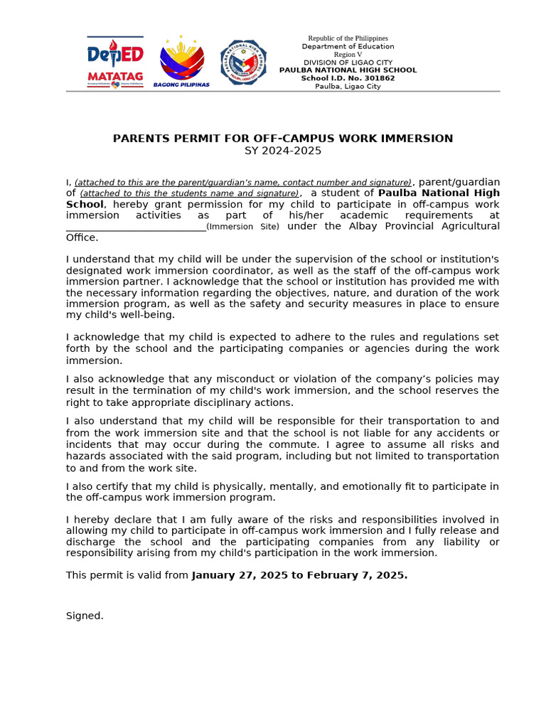 Parent's Permit 2025 (ACAD) | PDF | Justice | Crime & Violence