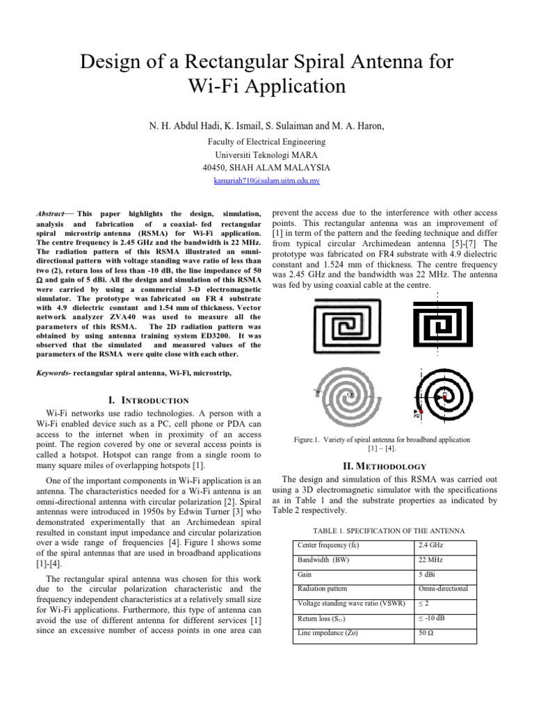 Rectangular Spiral Antenna Design for Wi-Fi | PDF | Antenna (Radio ...