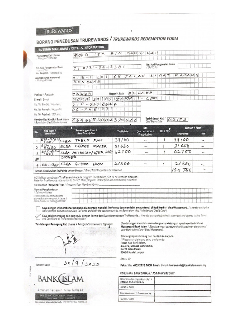 Borang Penebusan Trurewards Trurewards Redemption Form | PDF