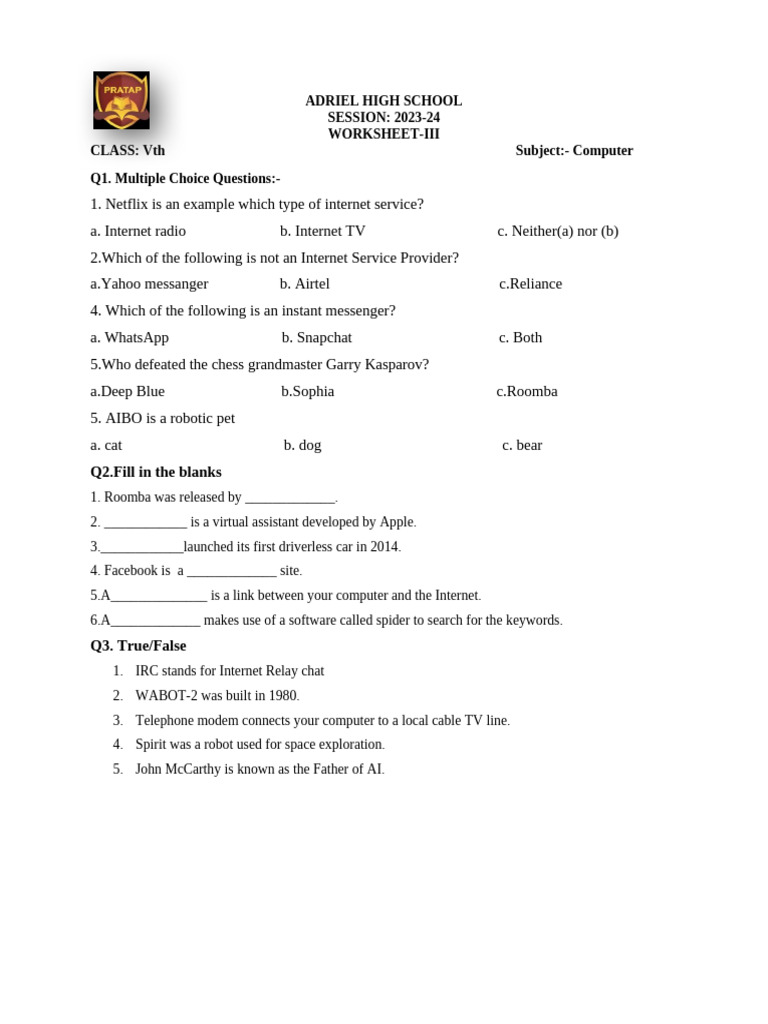 5th Class Computer Worksheet | PDF | Computing