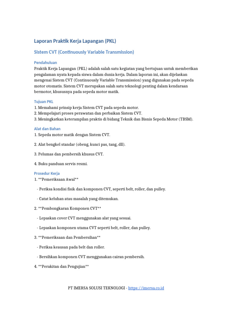 Contoh Laporan PKL TBSM CVT | PDF