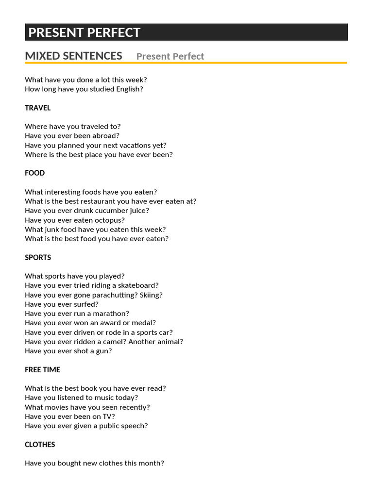 Present Perfect - Conversation Questions | PDF