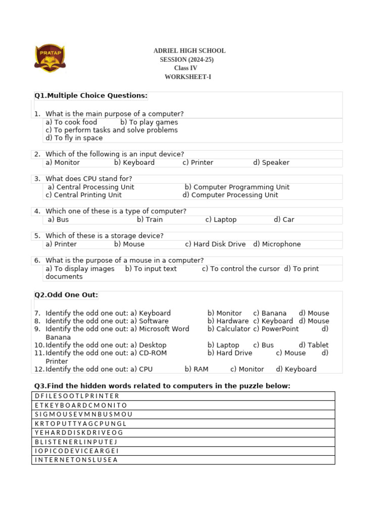 Class 4 Worksheet Computer | PDF | Computer Keyboard | Software