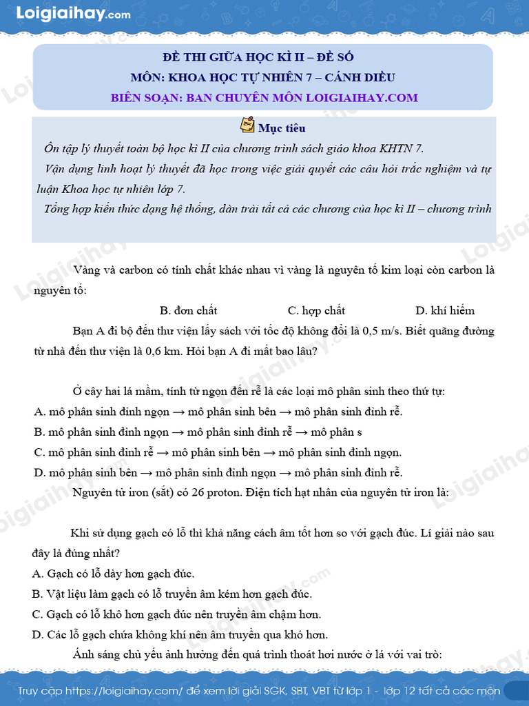 De Thi Giua Ki 2 KHTN 7 Canh Dieu de So 4 1675496758 | PDF