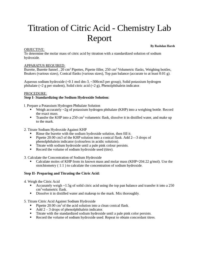 Titration of Citric Acid - Chemistry Lab Report | PDF | Titration ...