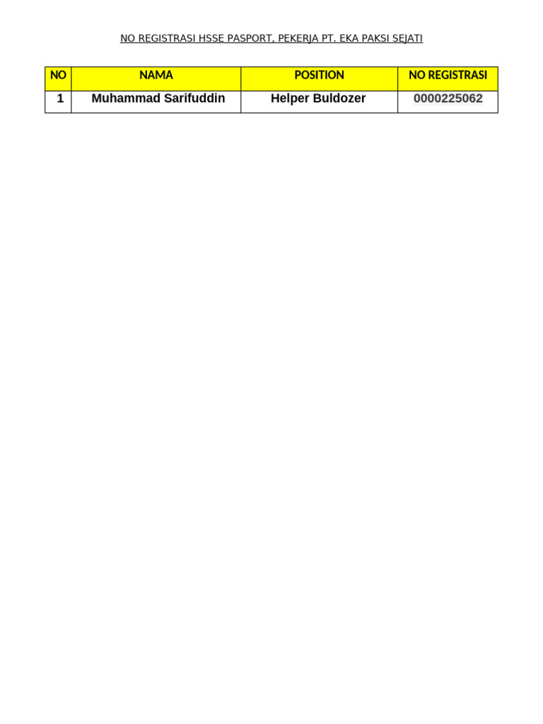 No Registrasi Hse Pasport Pt. Eka Paksi Sejati | PDF
