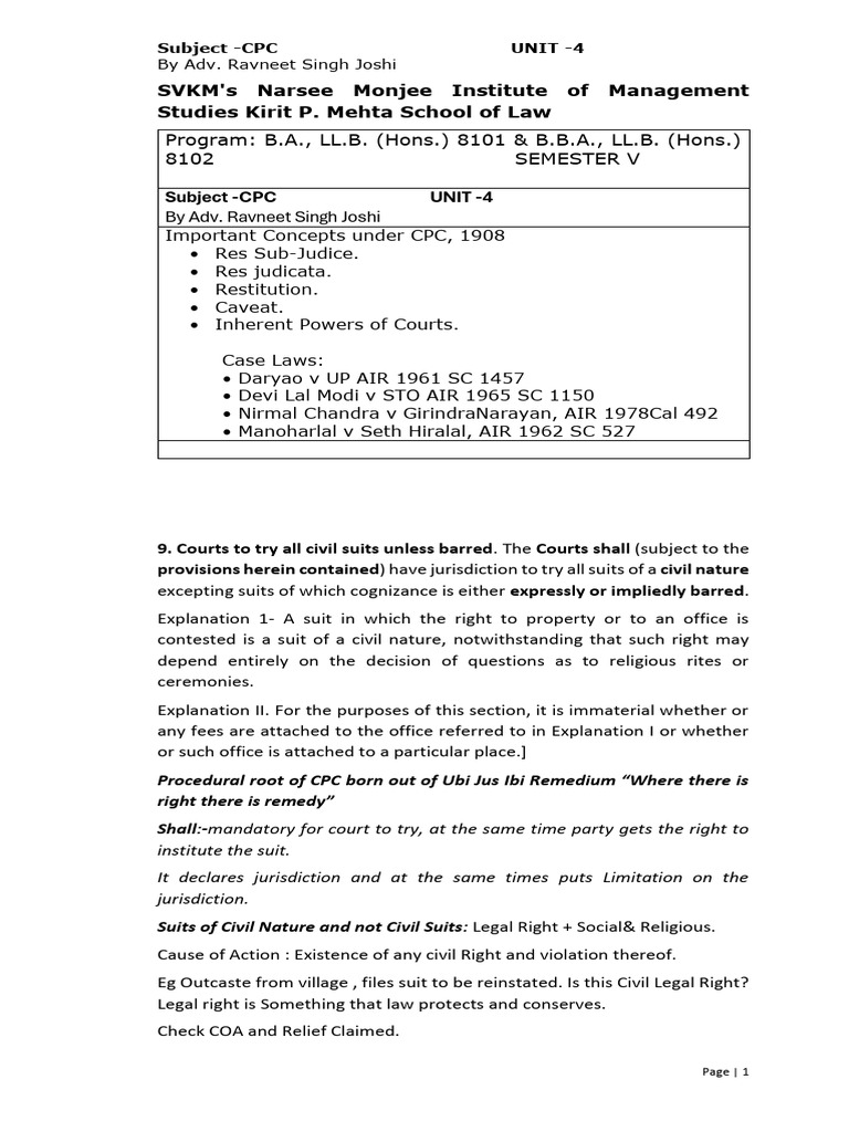 CPC Unit 4 Judgements , sec 9 to 11 | PDF | Lawsuit | Res Judicata