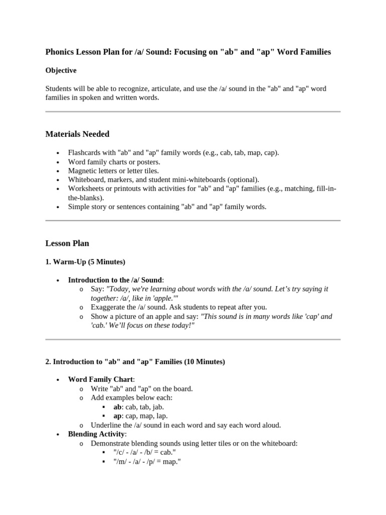 Phonics Lesson Plan: /a/ Sound Focus | PDF | Cognitive Science | Cognition