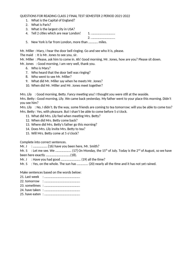 Reading Class 2 Final Test Semester 2 Period 2021-22 | PDF