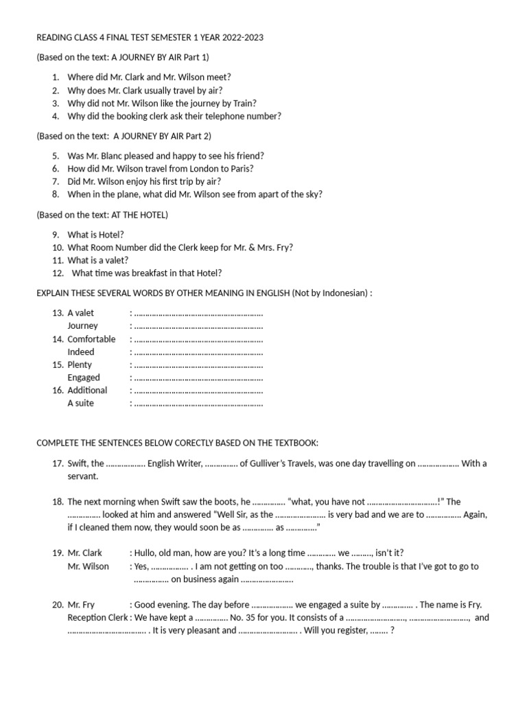 Reading Class 4 Final Test Semester 1 Year 2022 | PDF