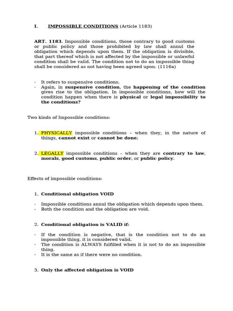 Impossible Conditions (Article 1183) | PDF | Public Policy Doctrine ...