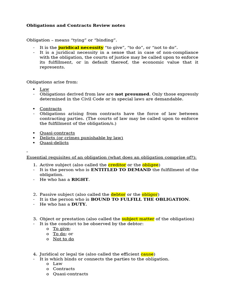 Obligations and Contracts Review Notes | PDF | Law Of Obligations ...