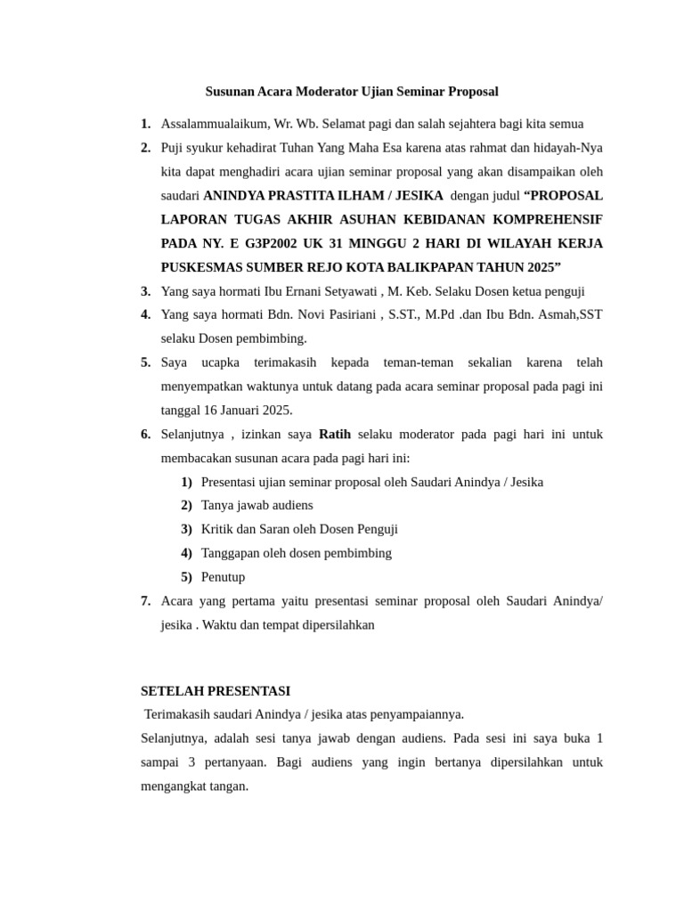 Susunan Acara Moderator Ujian Seminar Proposal | PDF