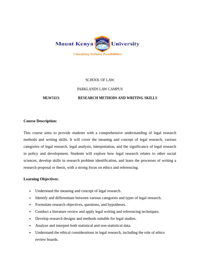 Course Outline LLM MKU - RESEARCH METHODS AND WRITING SKILLS | PDF | Methodology | Data