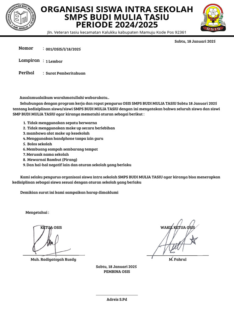 Surat Pemberitahuan SMP BUDI MULIA - 20250118 - 150958 - 0000 | PDF