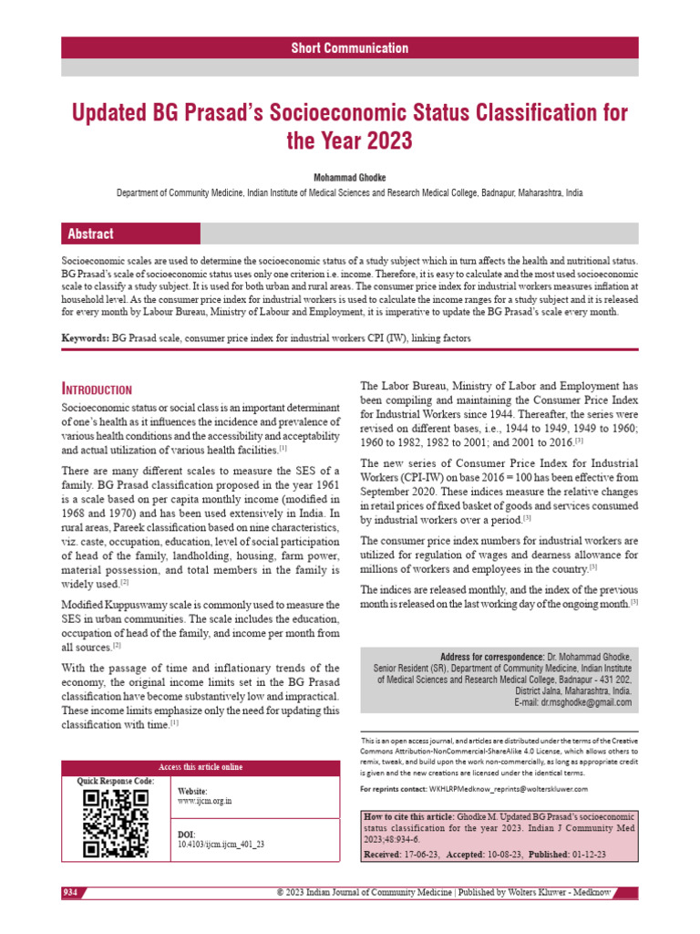 Updated BG Prasad SES Classification 2023 | PDF | Consumer Price Index ...