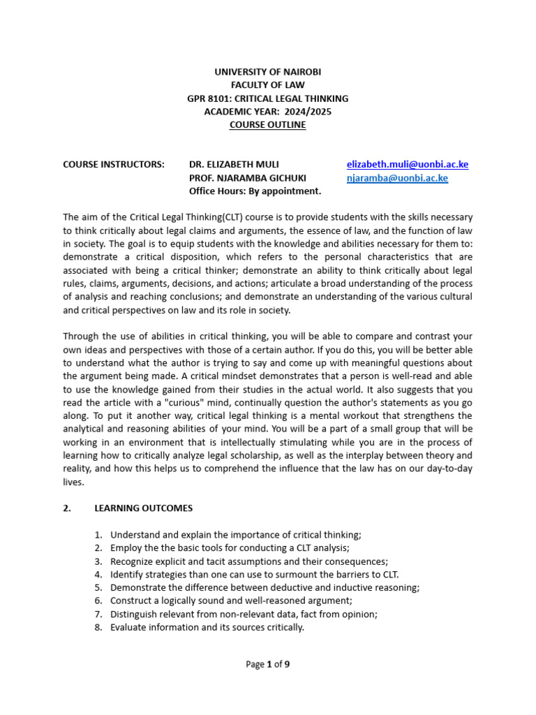 GPR 8101 Critical Legal Thinking Course Outline 2024 - 2025 | PDF ...
