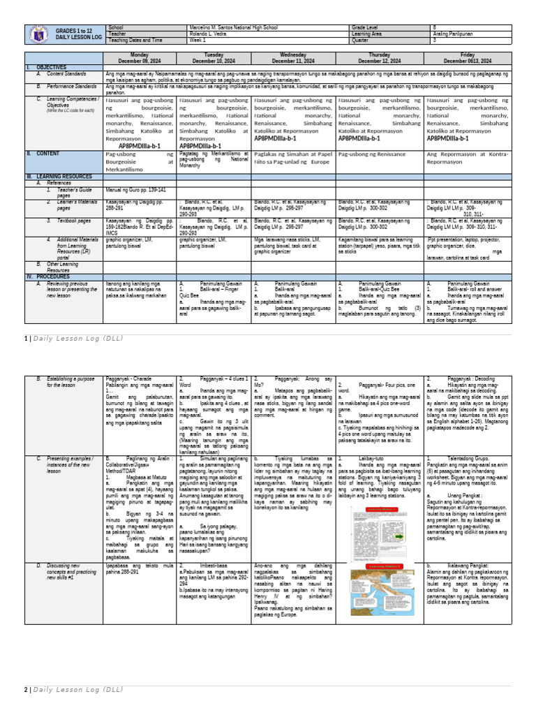 3RD QRT-DAILY-LESSON-LOG Week 1 | PDF